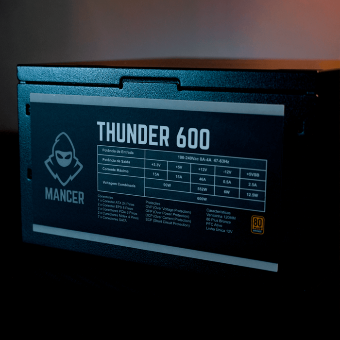Fonte Mancer Thunder 600W 80 Plus Bronze, MCR-THR600-BL01 - Mancer